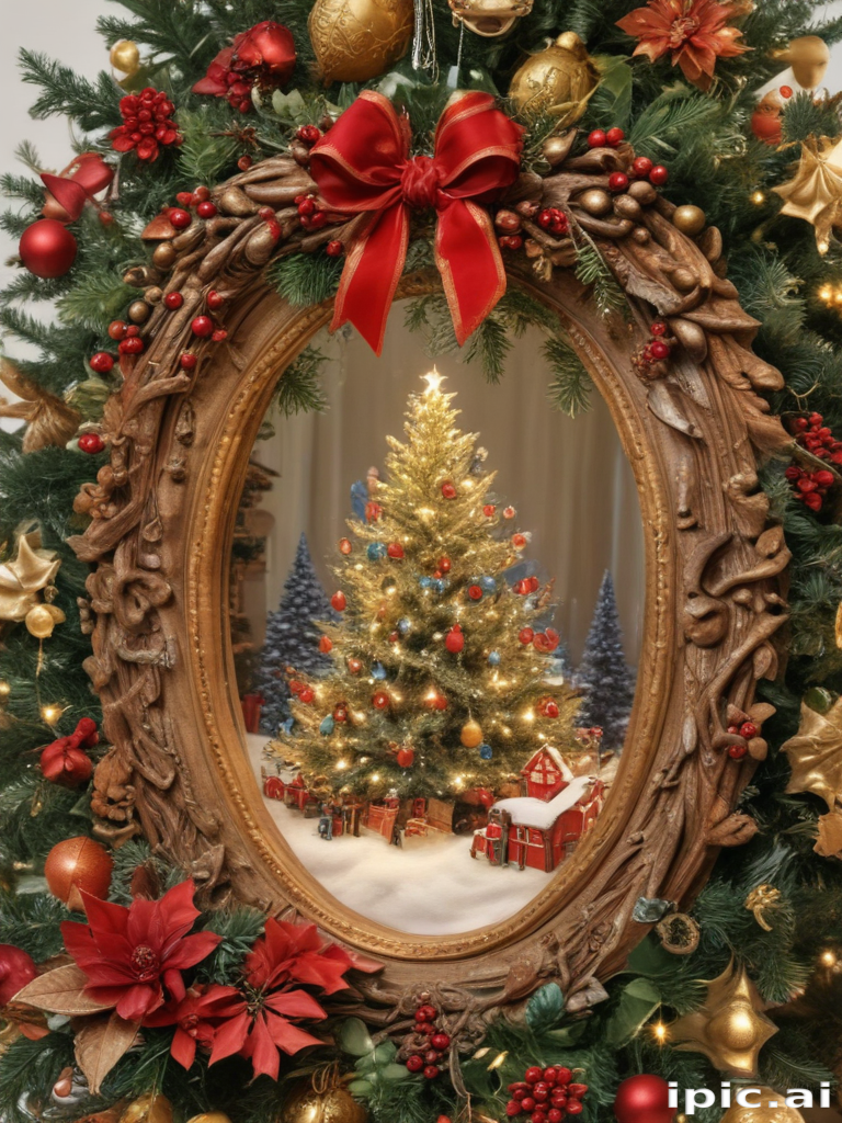 Festive Christmas Scene with a Beautifully Decorated Tree and Ornate Frame