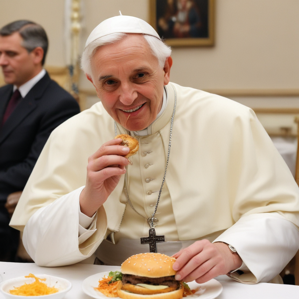 Pope Benedict eating hamburger