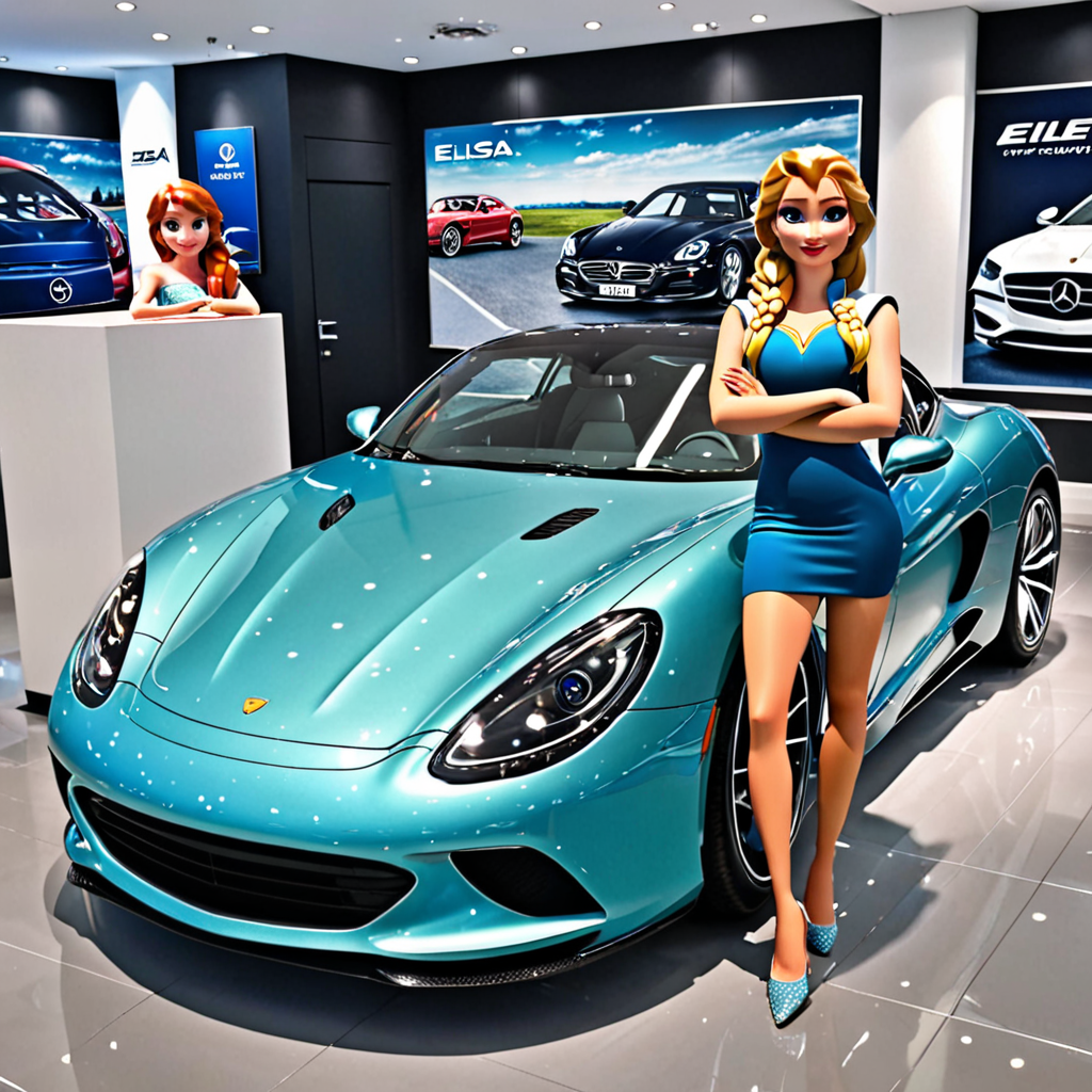 Elsa and Anna with sport car in showroom