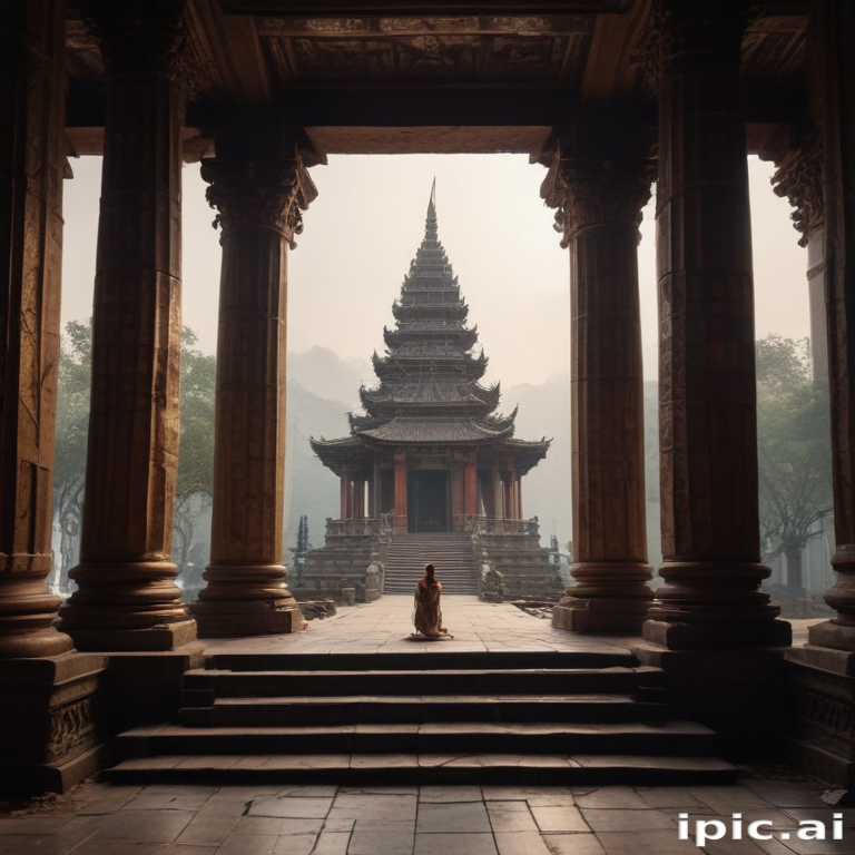 Peaceful Monk Meditating in Front of Majestic Temple Amidst Misty Landscape