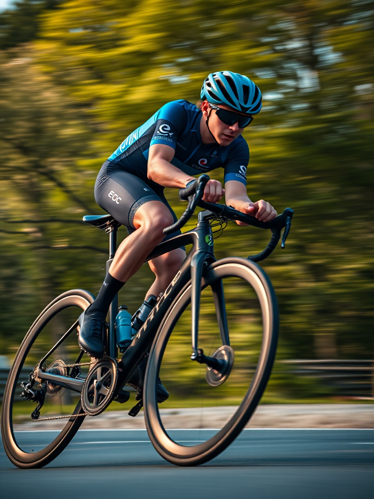 cycling athlete in a blue jersey speeding up on a sleek black road bike ...
