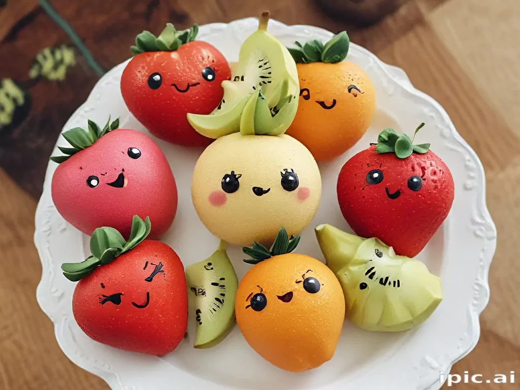 Adorable Collection of Cute Fruit Characters on a Decorative Plate