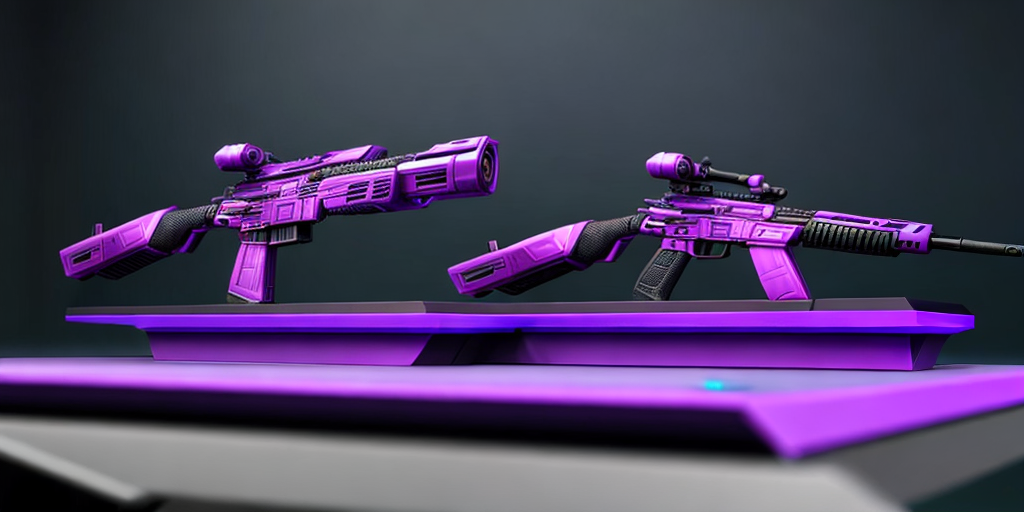 purple futuristic themed weapons displayed on a table