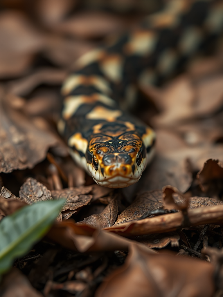 Close-Up of a Colorful Snake Resting Among Autumn Leaves and Debris