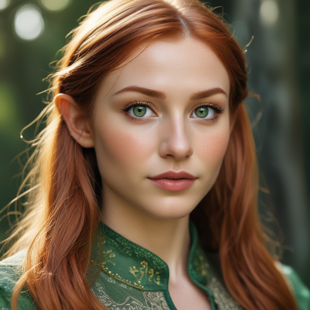 Female Elf with long ginger hair and green eyes