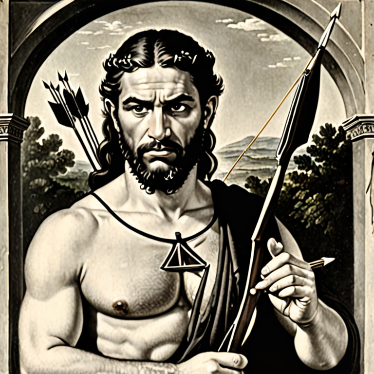 A portrait of Philoctetes with arrows and bow