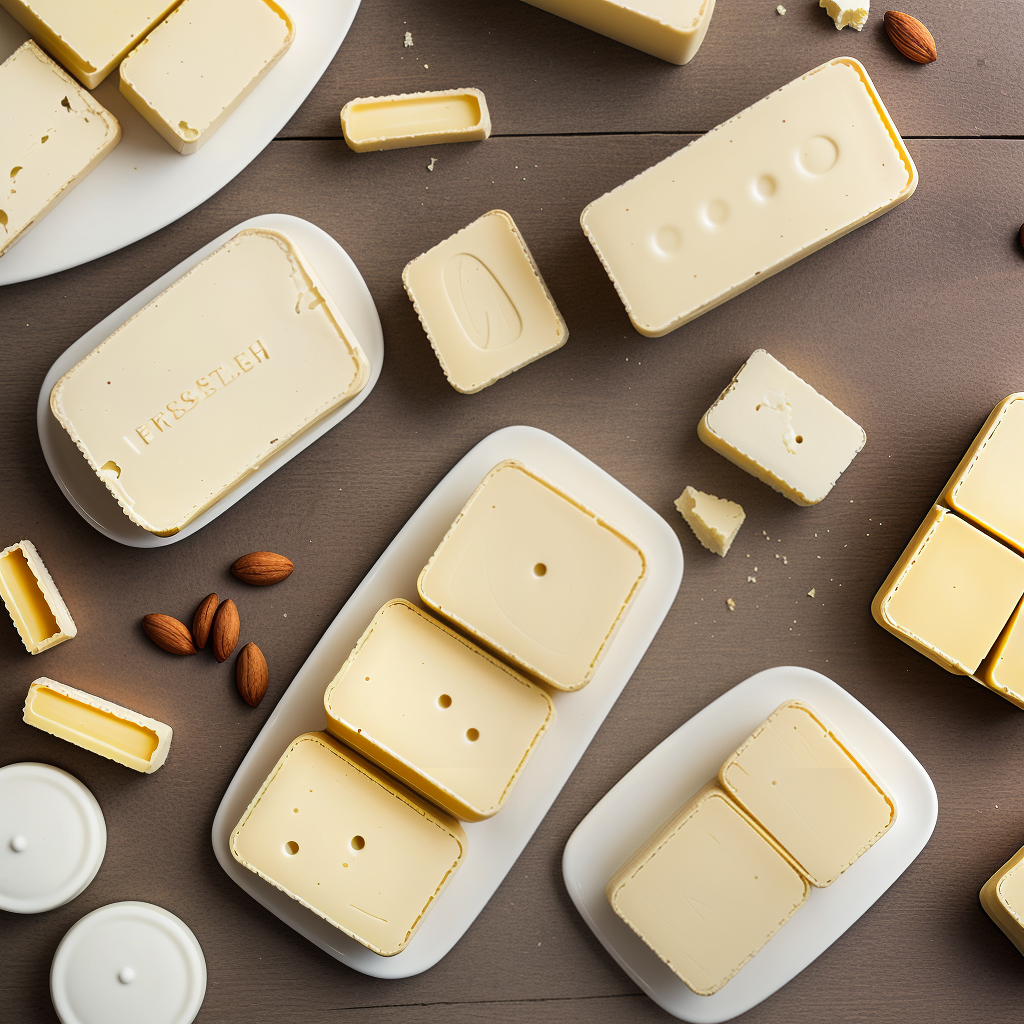 Artistic Arrangement of Various Butter Blocks on Elegant Plates with Nuts.
