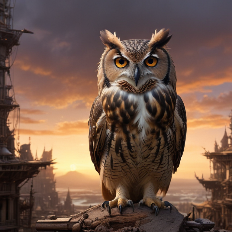 Majestic Owl Perched Against a Stunning Fantasy Landscape at Sunset.