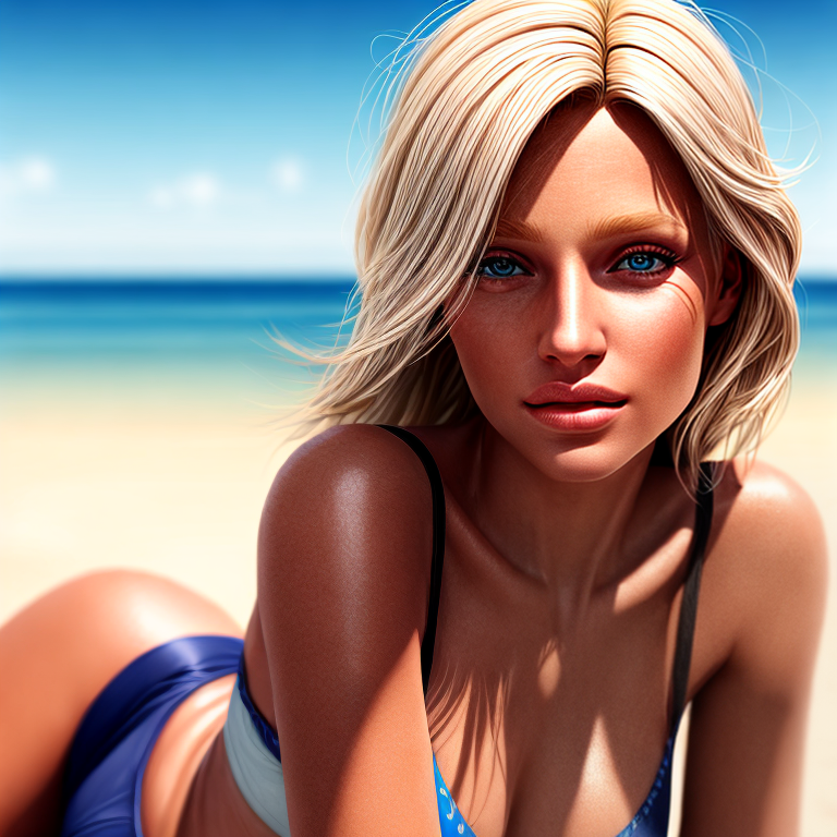 a blond women on a beach , photorealistic , hyper realistic, hyper real lighting and shading ...