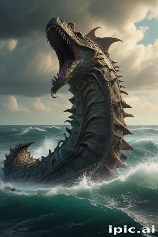A Majestic Sea Serpent Rises Dramatically from the Turbulent Ocean Waves