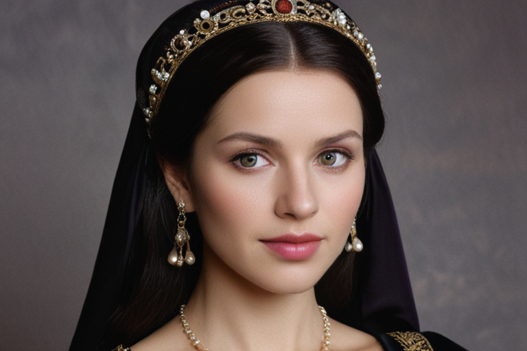 realistic and powerful photo of queen Anne Boleyn in real life, olive ...