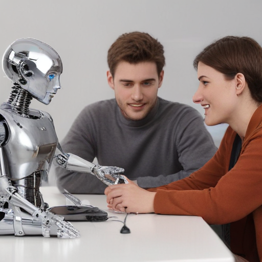 three humans talking to a silver robot using a computer