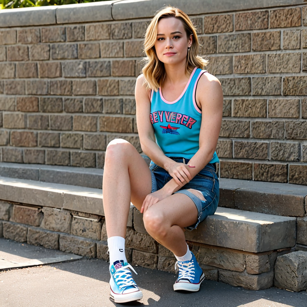 Mcu Brie Larson Carol Danvers sitting in Pink Tank Top, Blue Jean ...