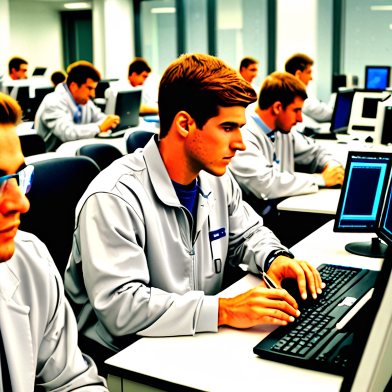 An entire football players in football uniform sitting at computers in ...