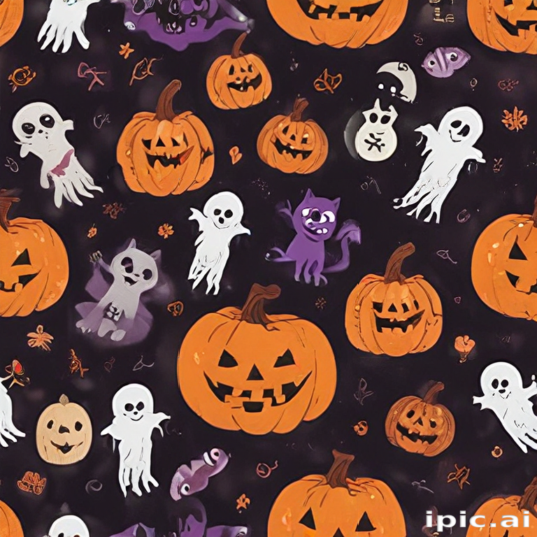 Colorful Halloween Pattern Featuring Ghosts, Pumpkins, and Spooky ...