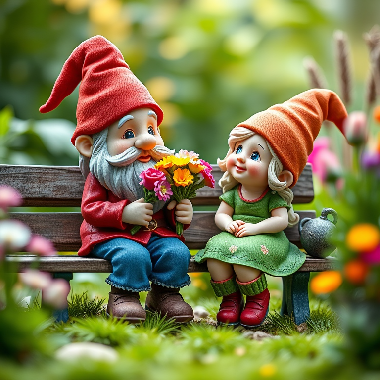 Generate a whimsical scene of a gnome pair sitting on a bench, the male gnome holding flowers ...