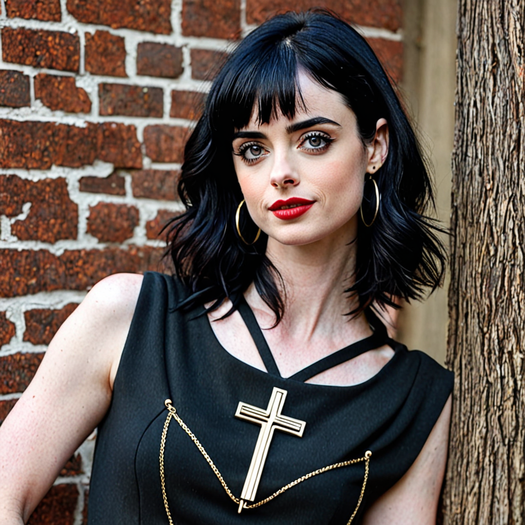 Krysten Ritter on a saint andrew's cross