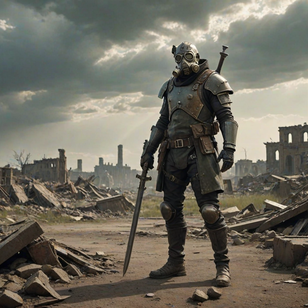 Post-Apocalyptic Warrior Standing Strong Amidst the Ruins of Civilization