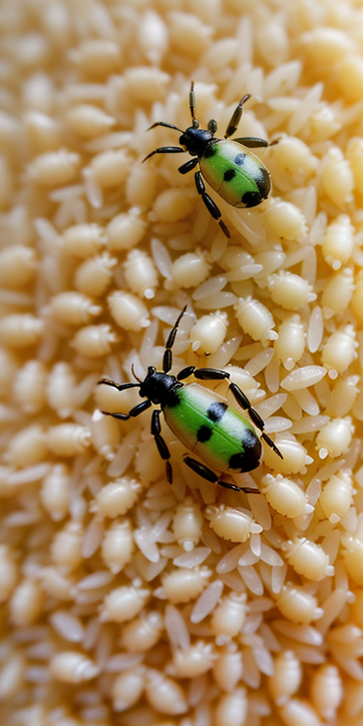 Close-Up of Vibrantly Colored Beetles Crawling Over Rice Grains Background