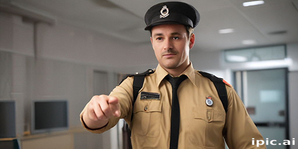 Confident Police Officer Directing Attention in a Modern Office Setting
