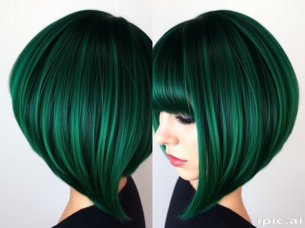 Stylish Green Bob Haircut with Vibrant Layers and Sleek Shine