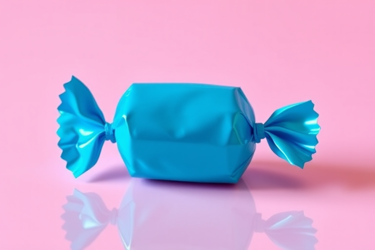 Bright Blue Candy Wrapped in Shiny Foil on a Soft Pink Background