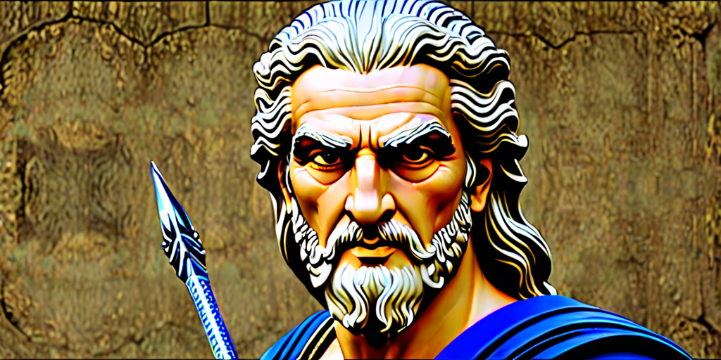 Zeus, Deus grego com raios saindo das mãos, no Olimpo, olhando de cima ...