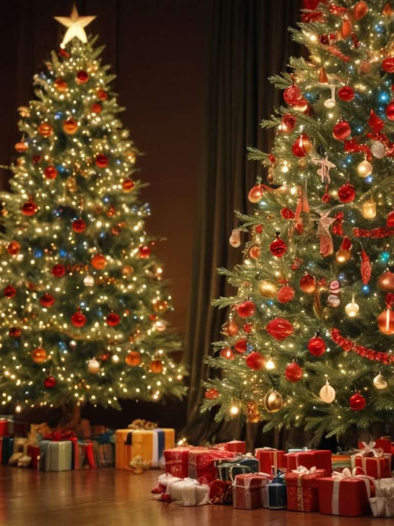 Festive Christmas Scene with Beautifully Decorated Trees and Colorful Gifts