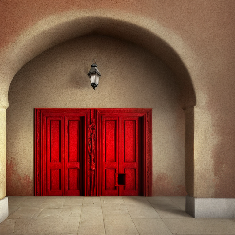 Red dungeon doors, golden dragon decorations, blood everywhere