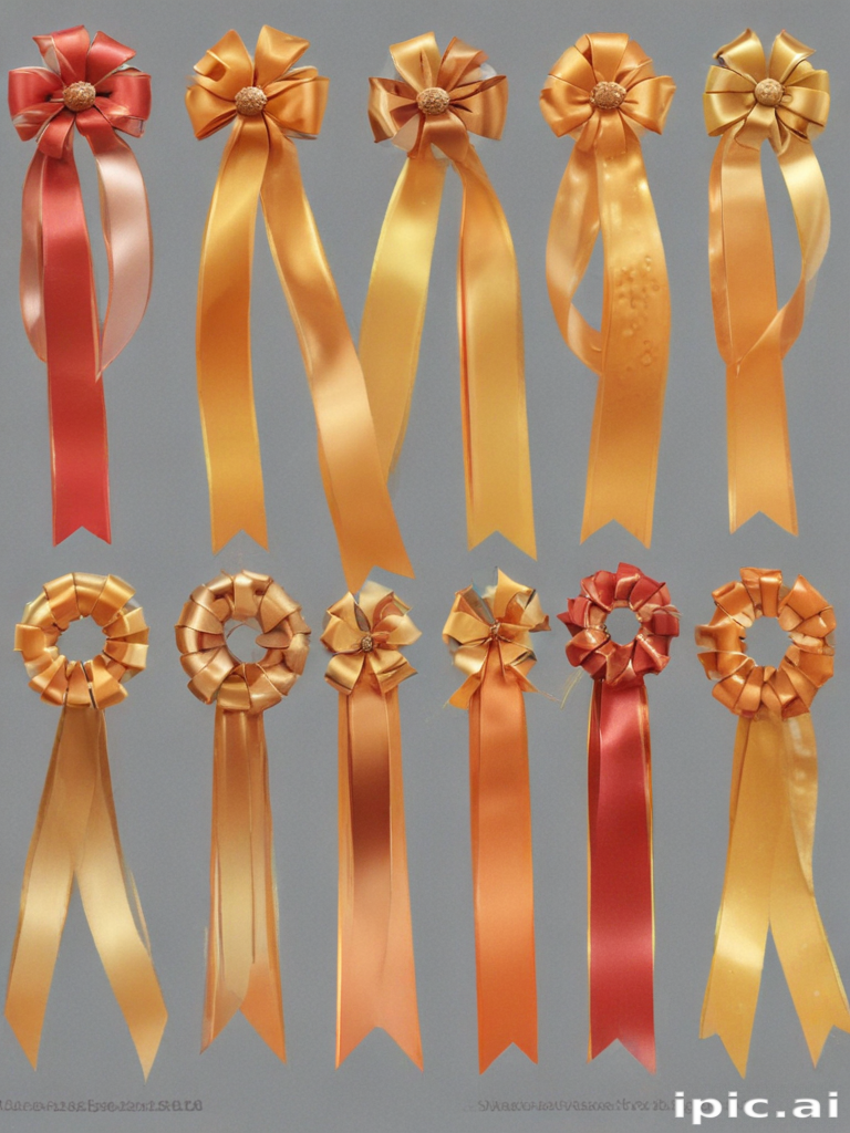 A Collection of Decorative Ribbons and Awards in Shades of Yellow and ...