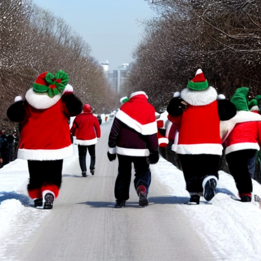 santa and elves and reindeer all exercising in the north pole to get ...