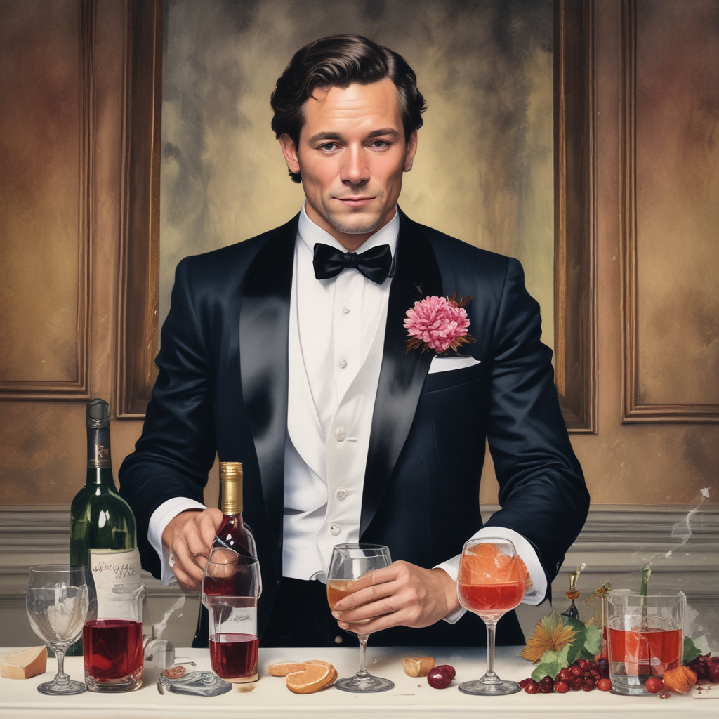 Rich man getting andry at his servent who spilled wine on his tuxedo
