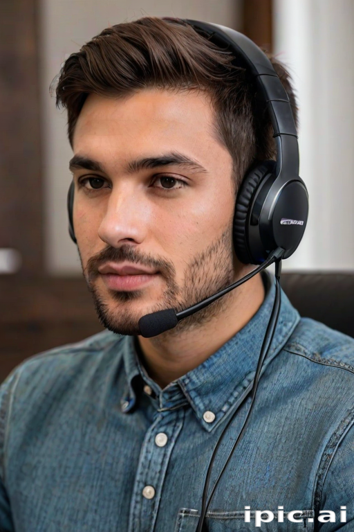 Focused Young Man Wearing Headset Engaged in Professional Call Center Work