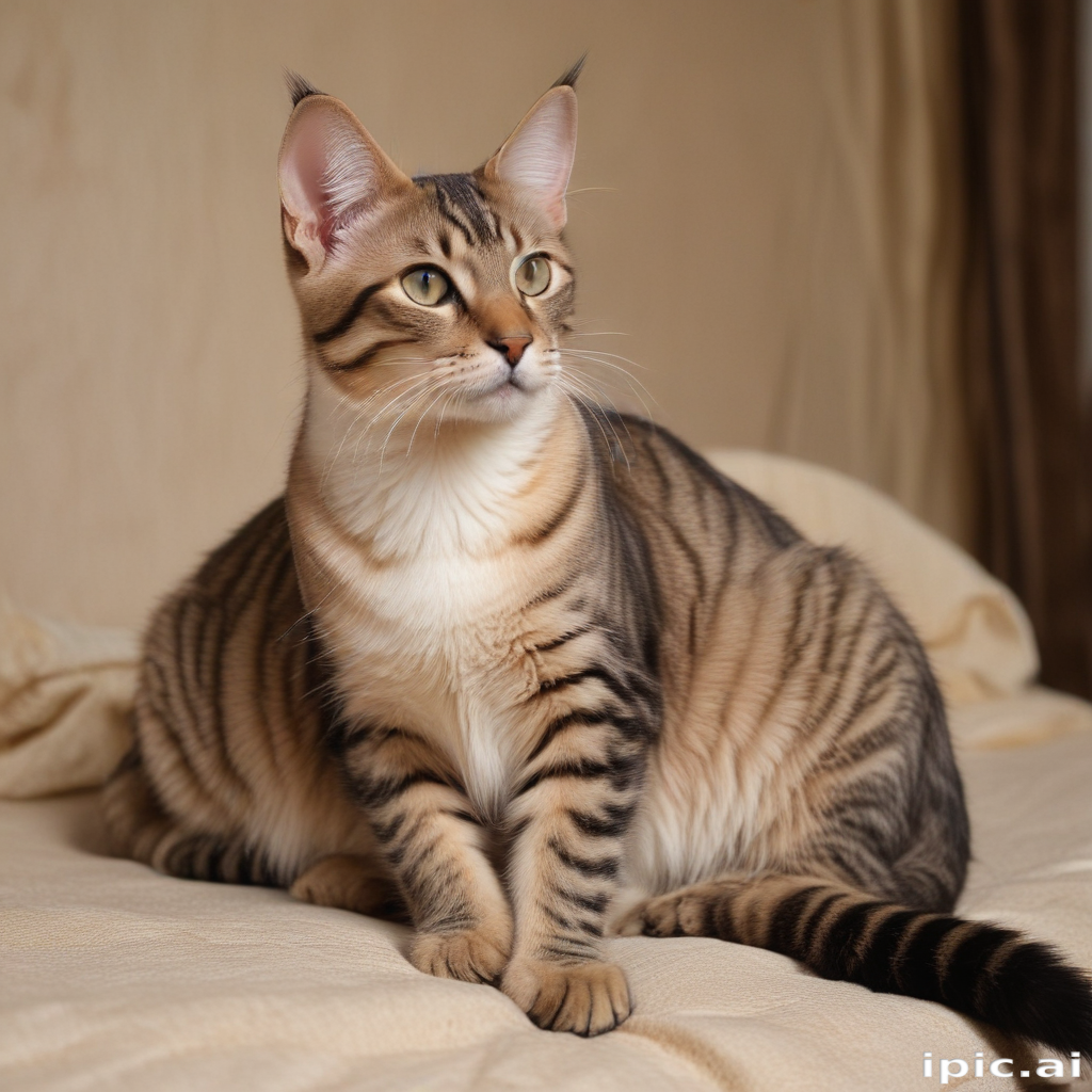 Elegant Tabby Cat Sitting Gracefully on a Soft, Cream-Colored Blanket