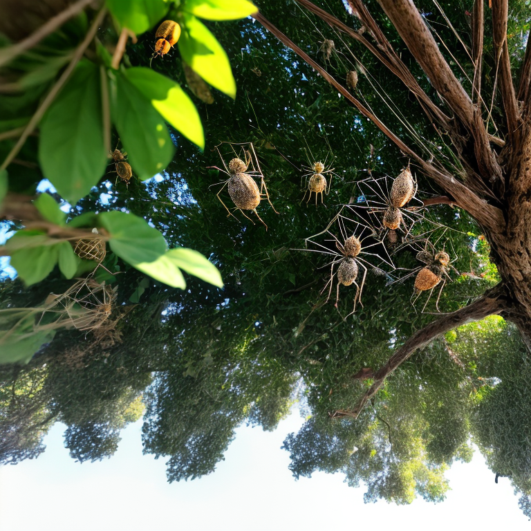 row of spiders crawling up a tree