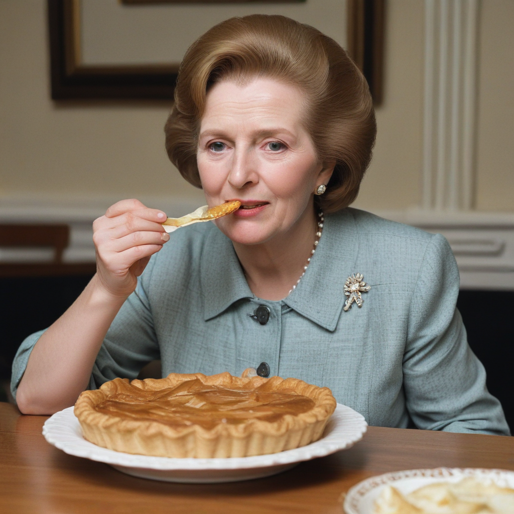 Margaret thatcher eating a large apple pie