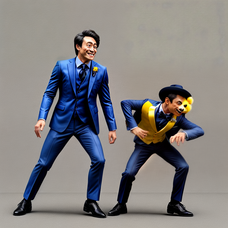 Um macaco de terno elegante beje dançando break em Tokio no estilo de ...