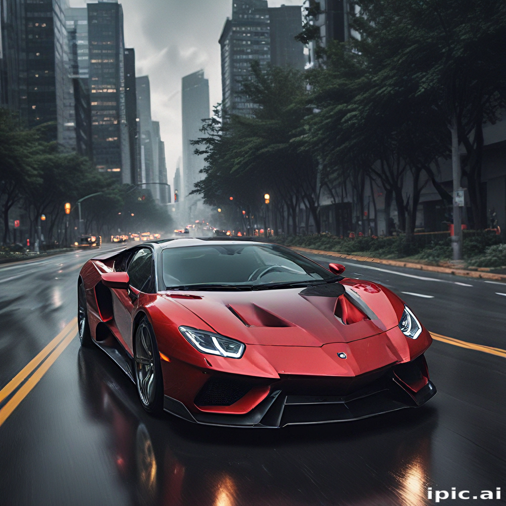 Striking Red Sports Car Racing Through a Rainy Urban Cityscape