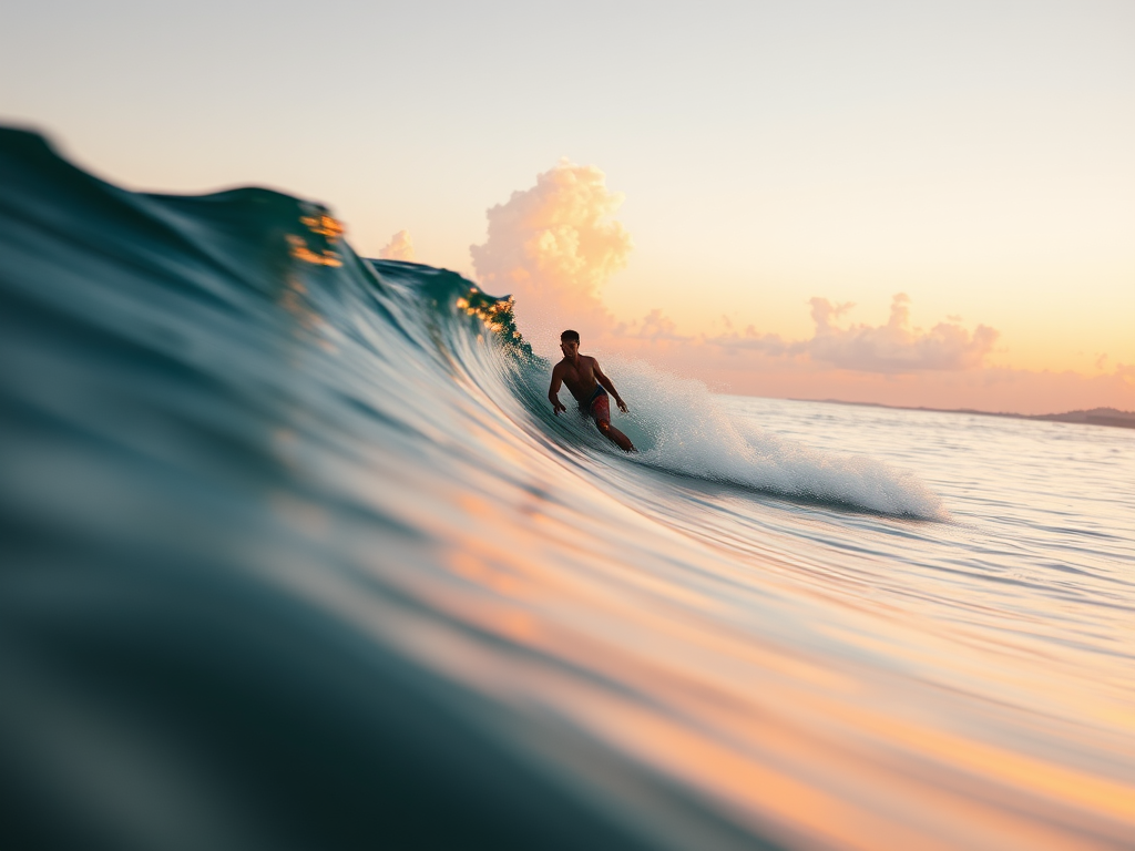 Surfer Riding a Majestic Wave at Sunset Over a Tranquil Ocean