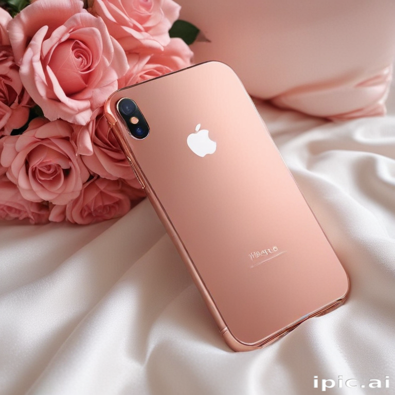 Elegant Rose Gold iPhone Surrounded by Soft Pink Roses and Satin Fabric