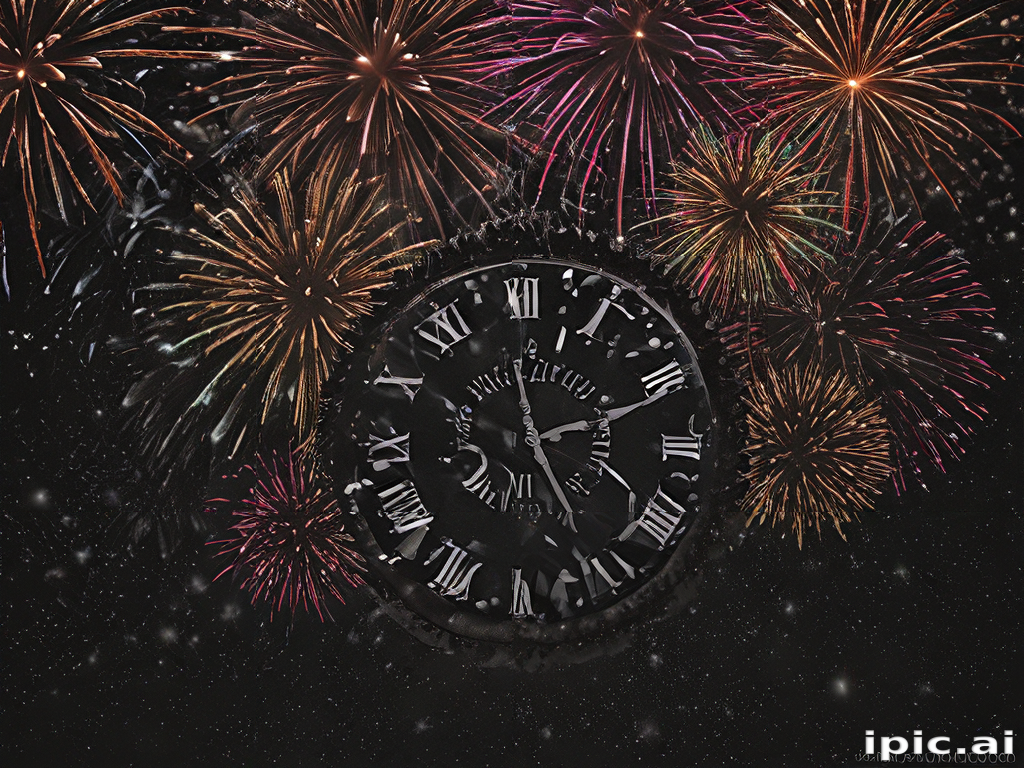 Midnight Celebration: A Grand Clock Surrounded by Colorful Fireworks ...