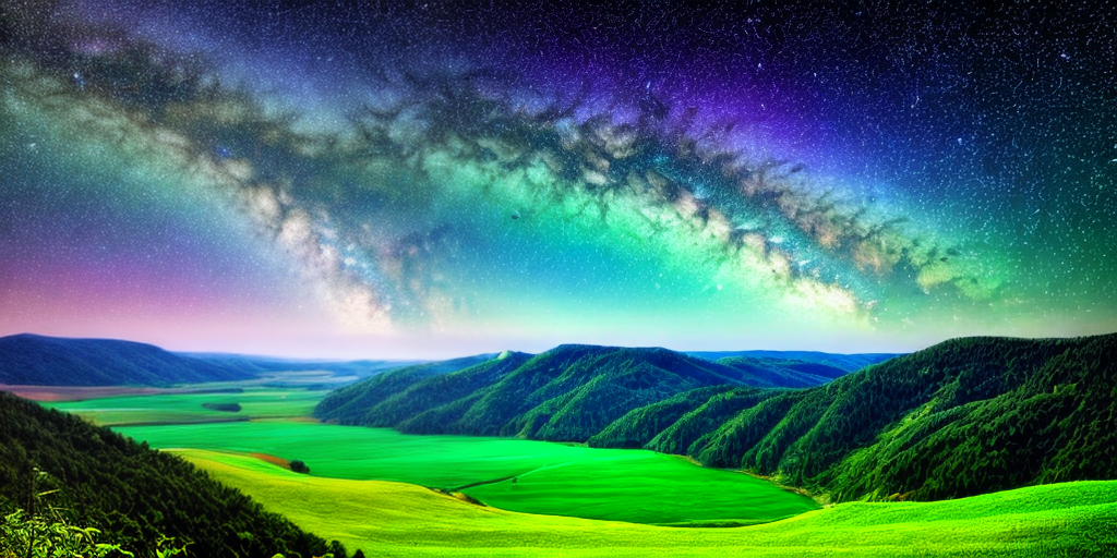 starry heaven from a green valley, a river into a rainbow coloured nebula
