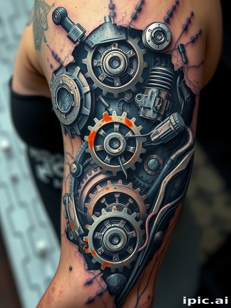 Intricate Mechanical Tattoo Design Featuring Gears and Industrial ...
