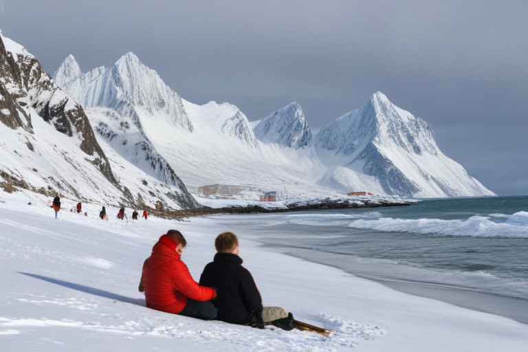 1 family in Nuuk Greenland chilling at the coast in winter looking at the tall alps