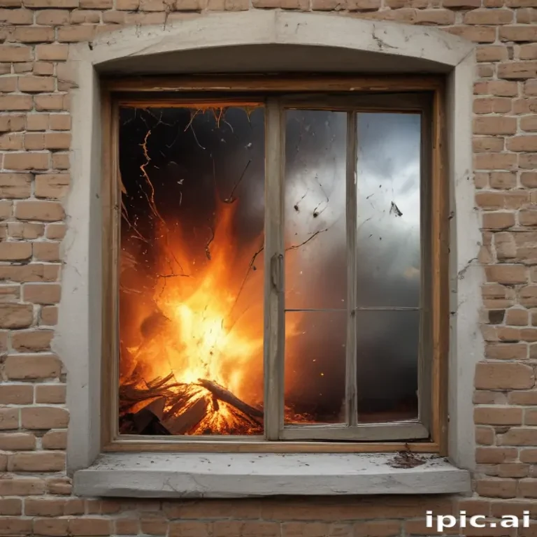 View Through a Broken Window Showcasing a Fiery Blaze and Smoke