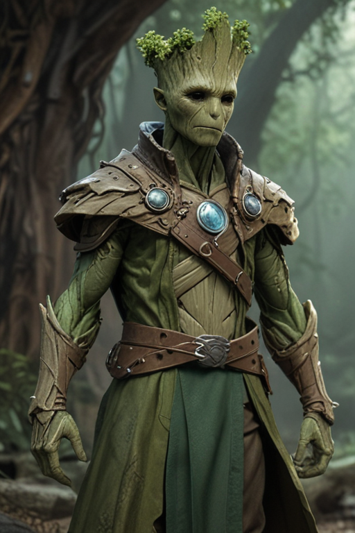 Adolescent Groot as a fantasy Druid in Dungeons and Dragons. Green robe ...