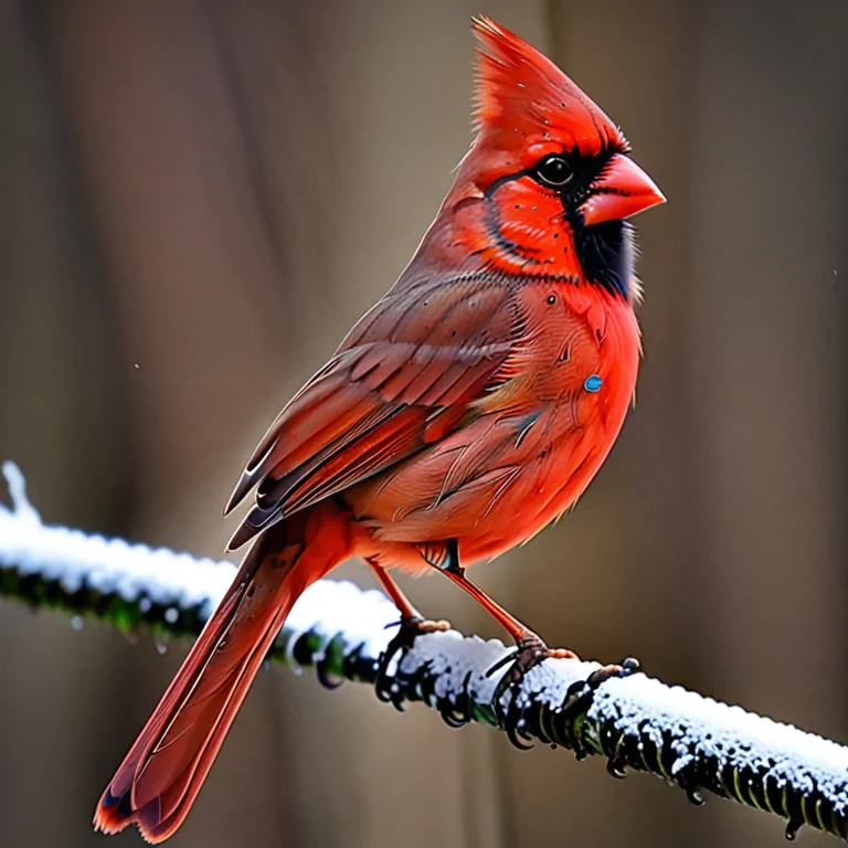 A Vibrant Cardinal Perched on a Snow-Covered Branch in Winter.