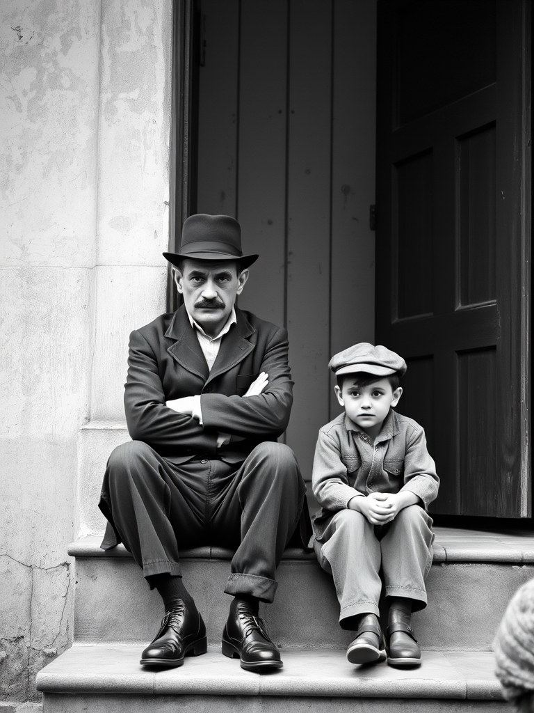 A Thoughtful Moment: An Adult and Child Sitting Together on Steps.