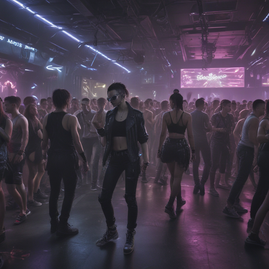 nightclub, dance floor, people dancing, cyberpunk