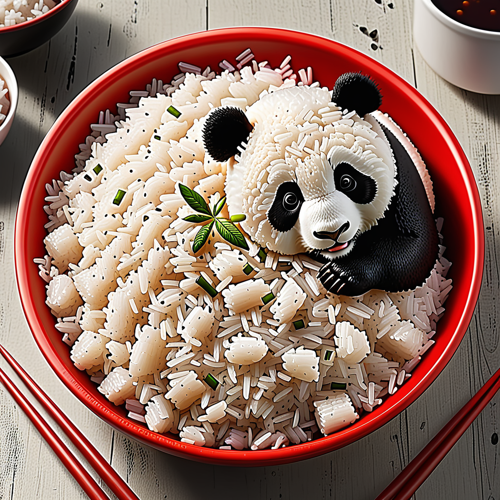 Playful Panda Peeking Out from a Bowl of Delicious White Rice
